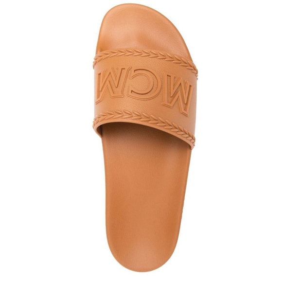 MCM | Shoes | Mcm Big Logo Embossed Rubber Slides Sandals Cognac Pool ...